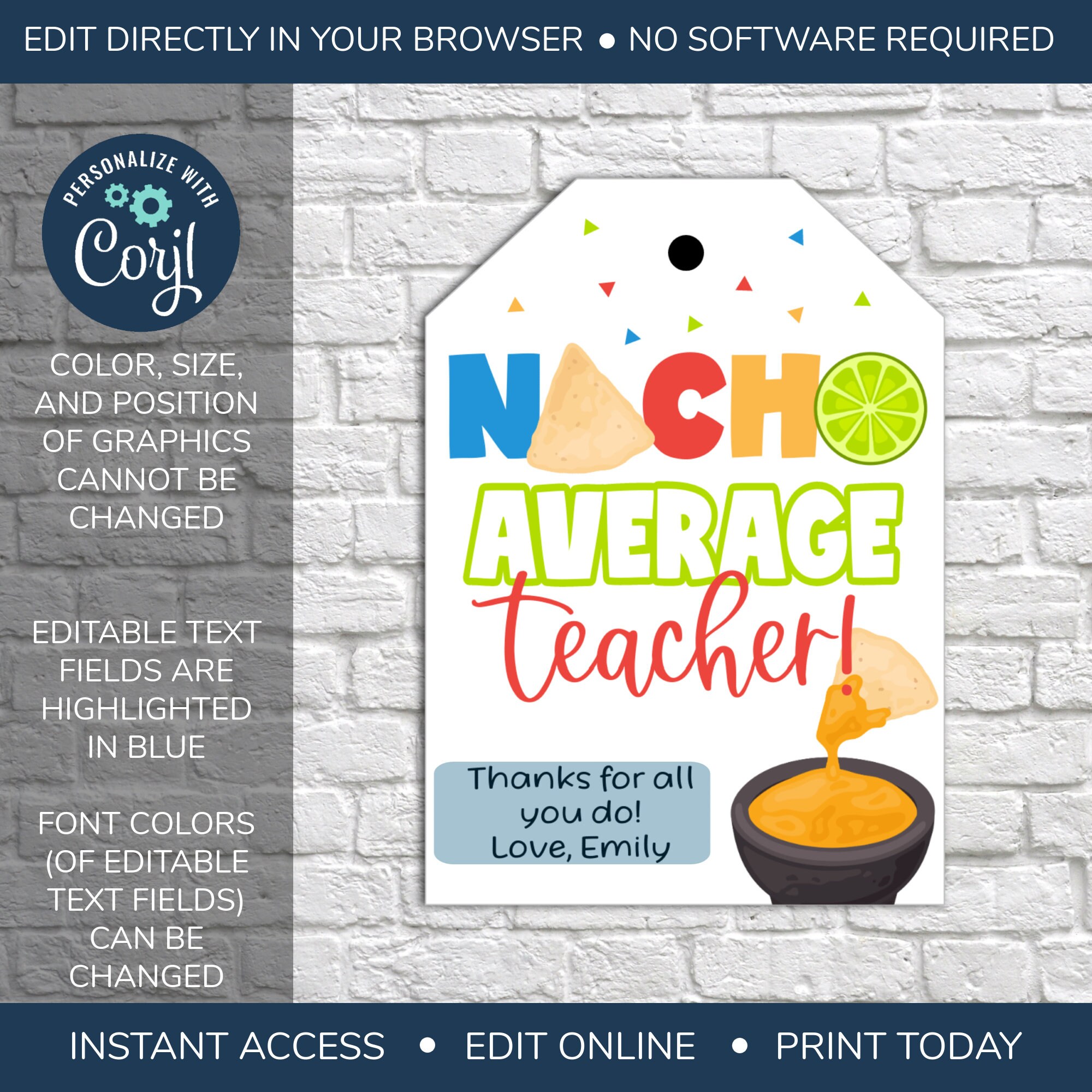 EDITABLE Nacho Average Teacher Tags, Printable Thank You Teacher Gift ...