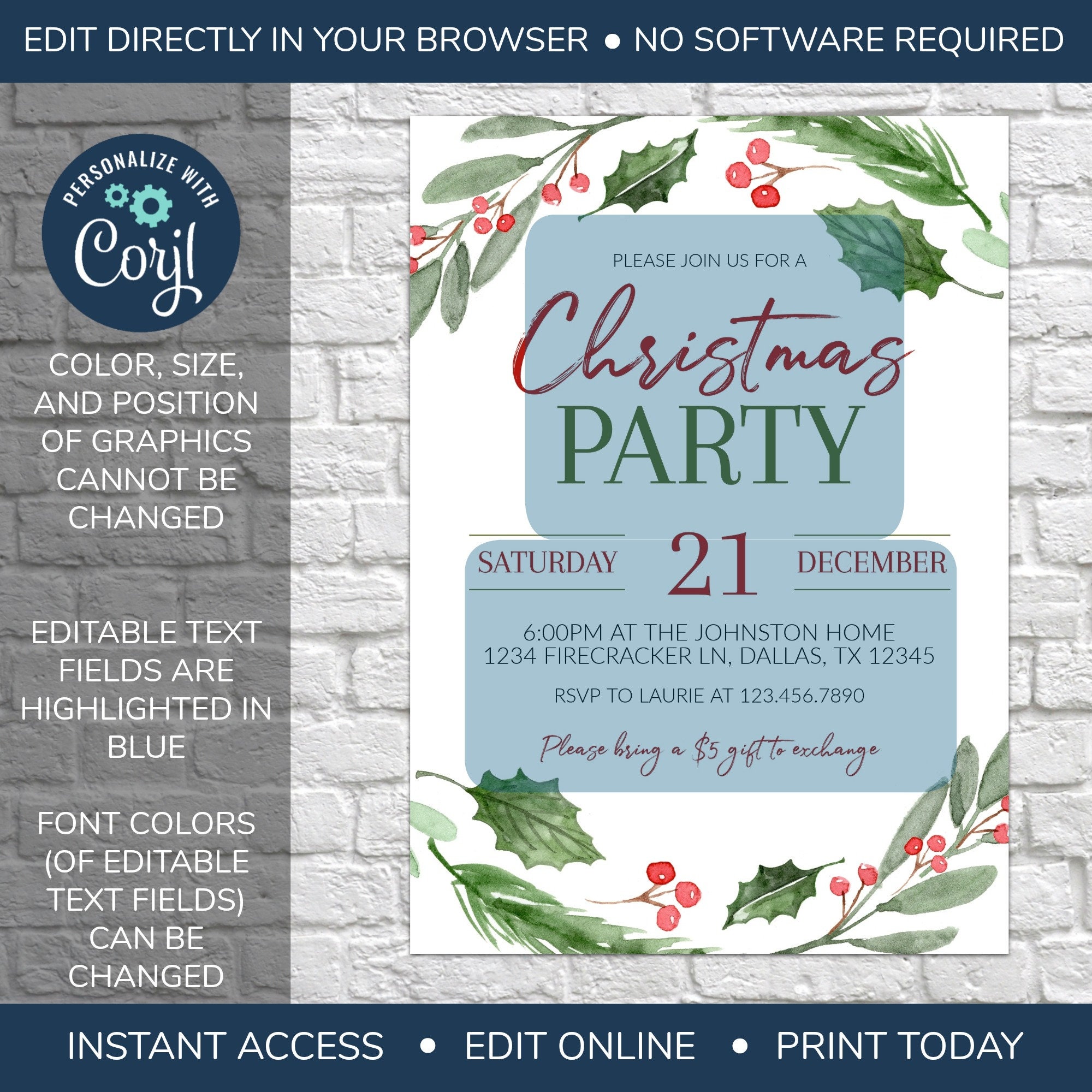 EDITABLE Christmas Party Invitation, Christmas Invitation, Christmas ...