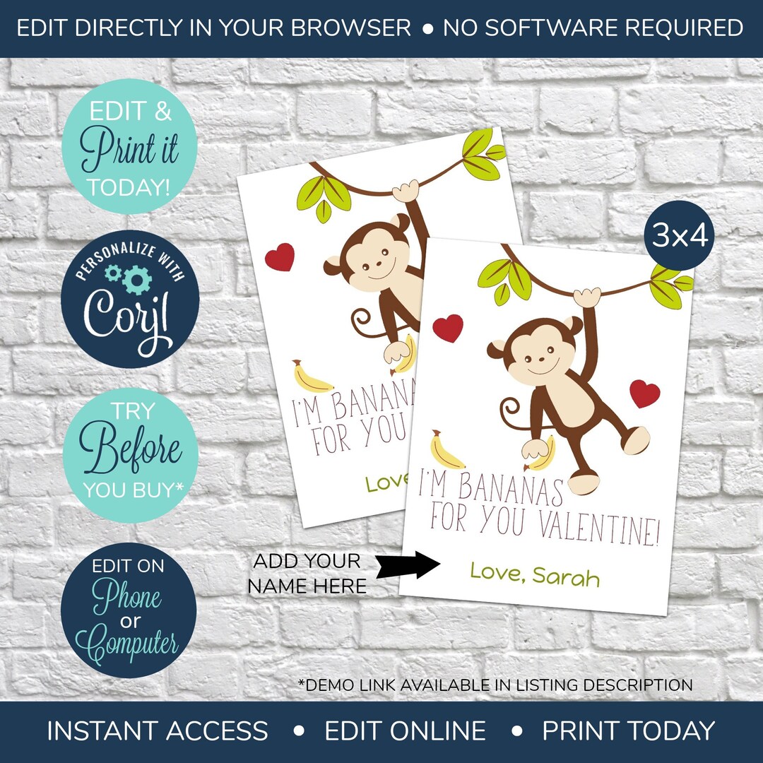 EDITABLE Classroom Valentine's Day Cards, I'm Bananas for You ...