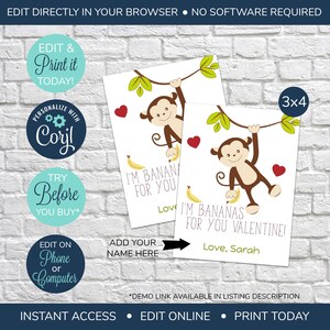 EDITABLE Classroom Valentine's Day Cards, I'm Bananas for You ...