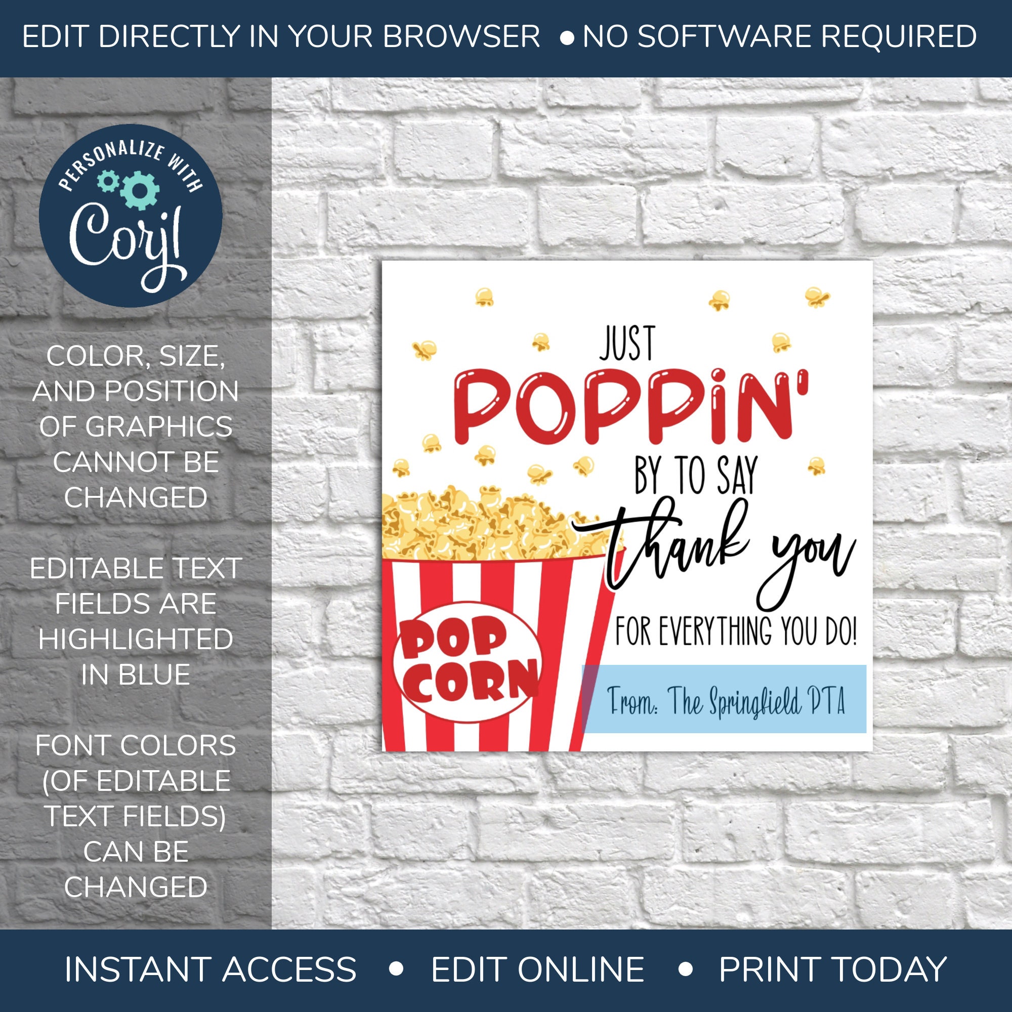 EDITABLE Popcorn Appreciation Gift Tag, Teacher Staff Employee School ...