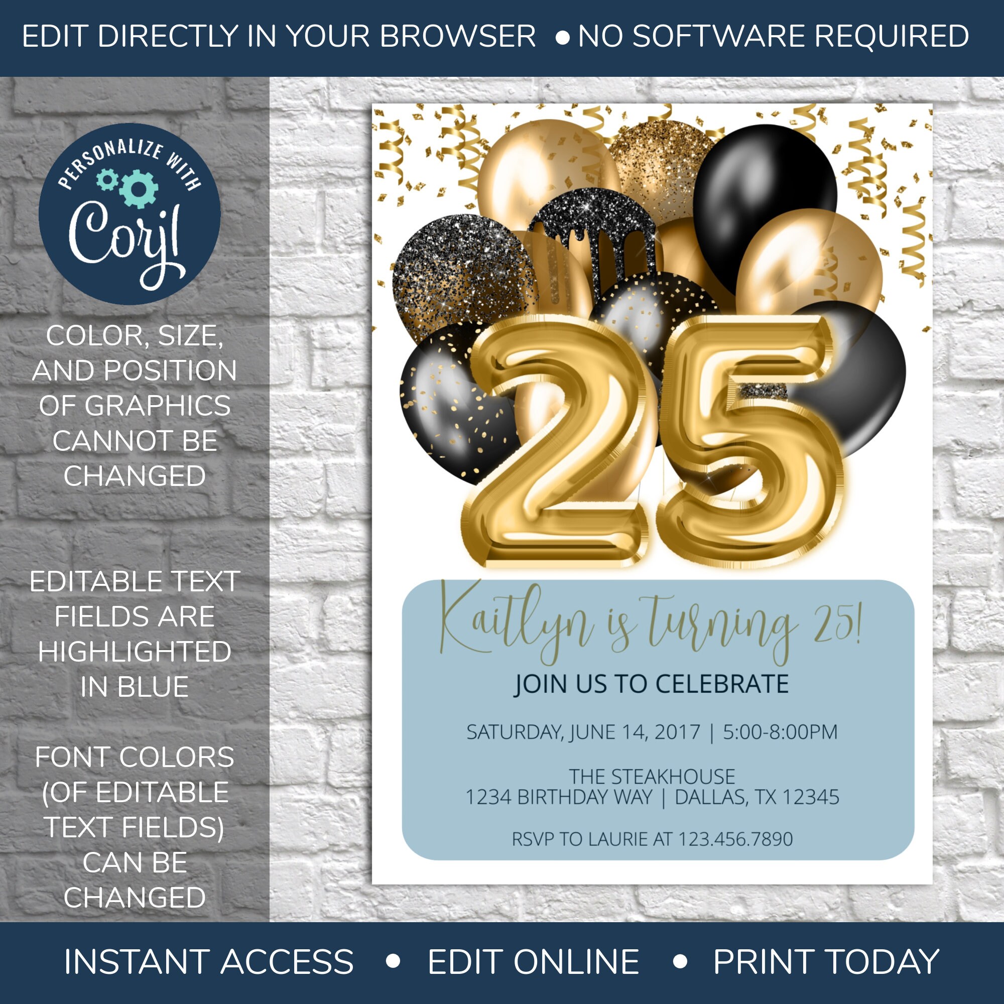 EDITABLE 25th Birthday Invitation, Black and Gold 25th Invitation ...