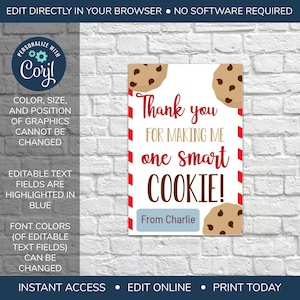 EDITABLE One Smart Cookie Tags, Printable Thank You for Making Me One ...