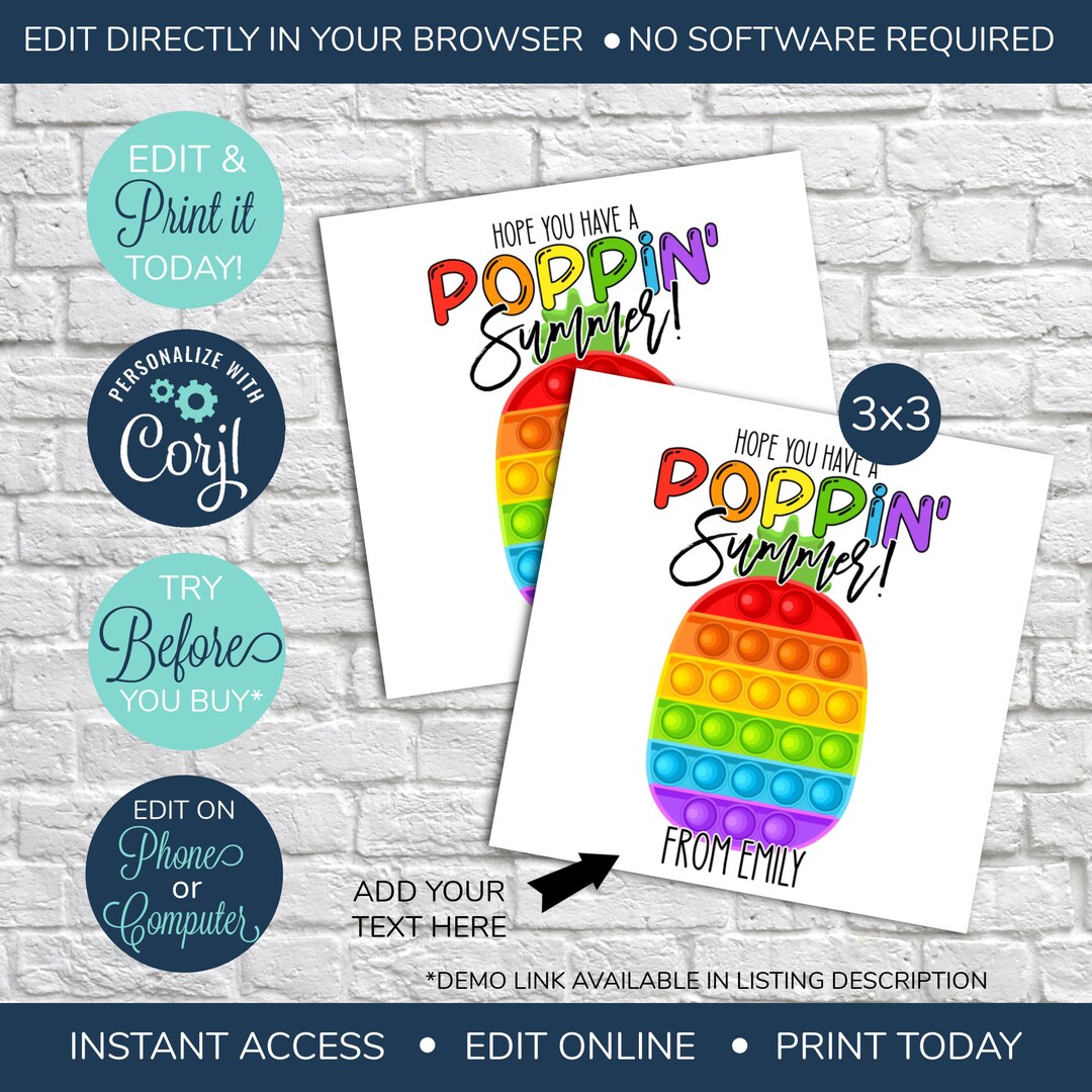 EDITABLE End of School Pop It Tag, Hope You Have A Poppin Summer ...