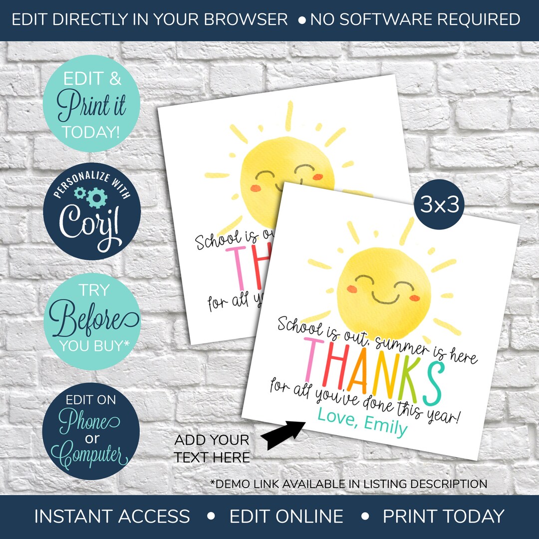 EDITABLE Sunshine Teacher Thank You Gift Tag, School is Out Summer is ...