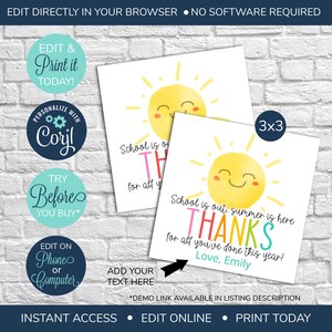 EDITABLE Sunshine Teacher Thank You Gift Tag, School is Out Summer is ...