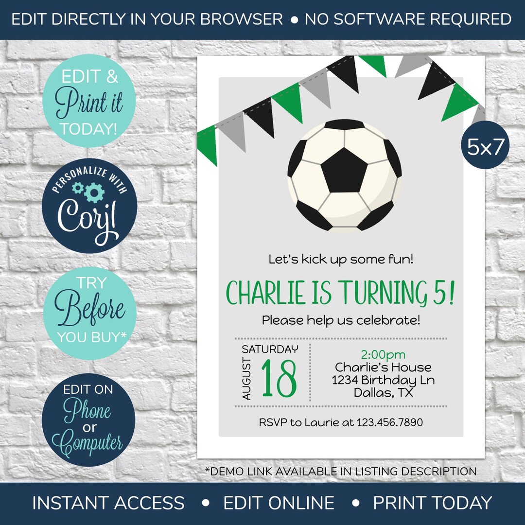 EDITABLE Soccer Birthday Invitation, Boys Soccer Birthday Invitation ...