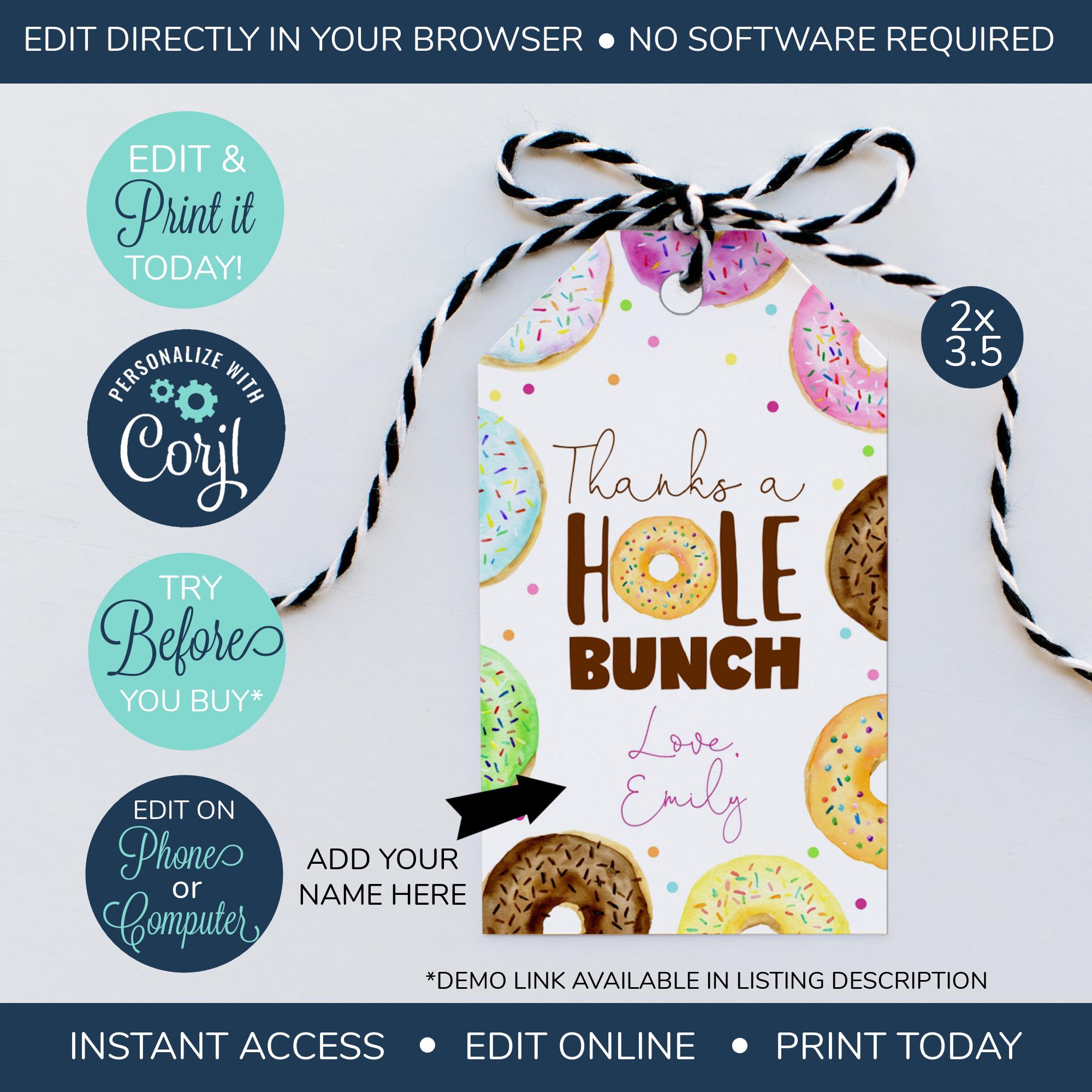 EDITABLE Donut Favor Tags, Donut Birthday, Thank You Tags, Doughnut ...