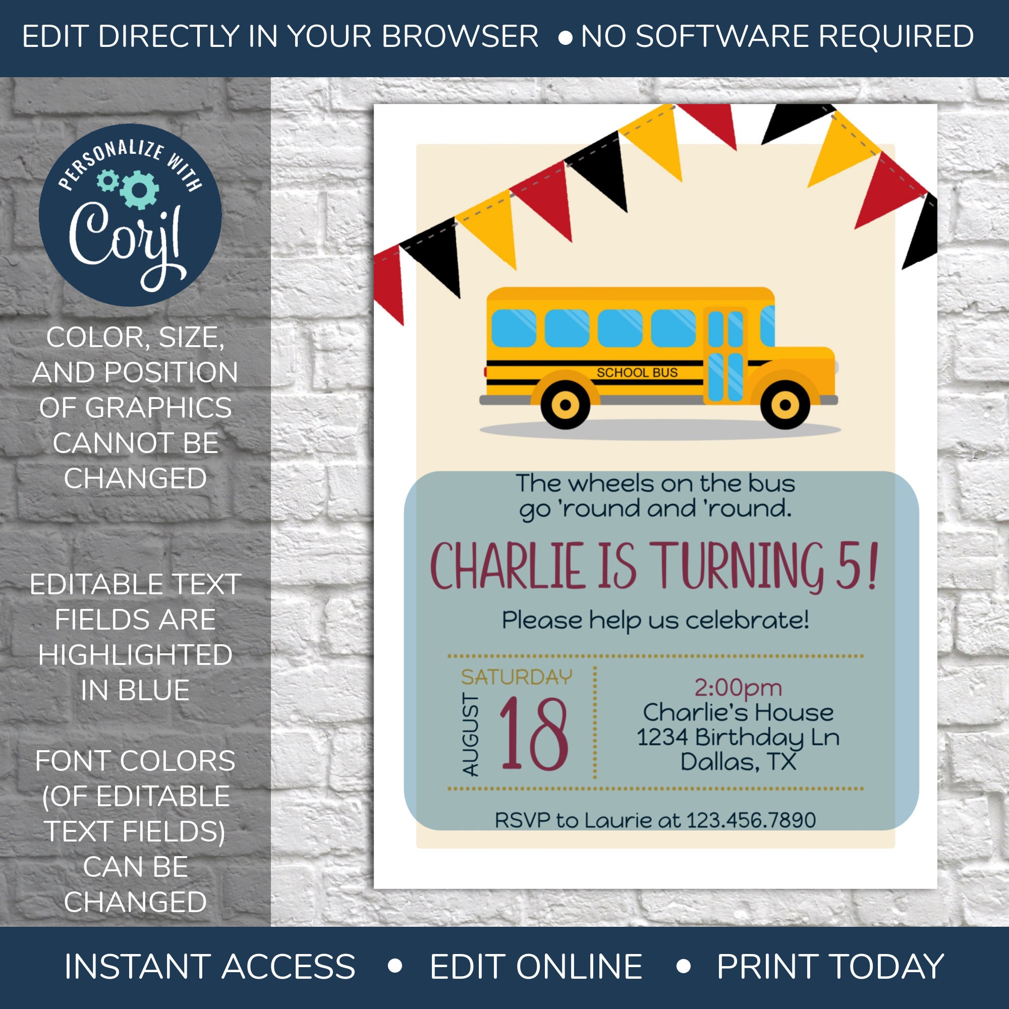 EDITABLE School Bus Invitation, Birthday Party Invitation, School Bus ...