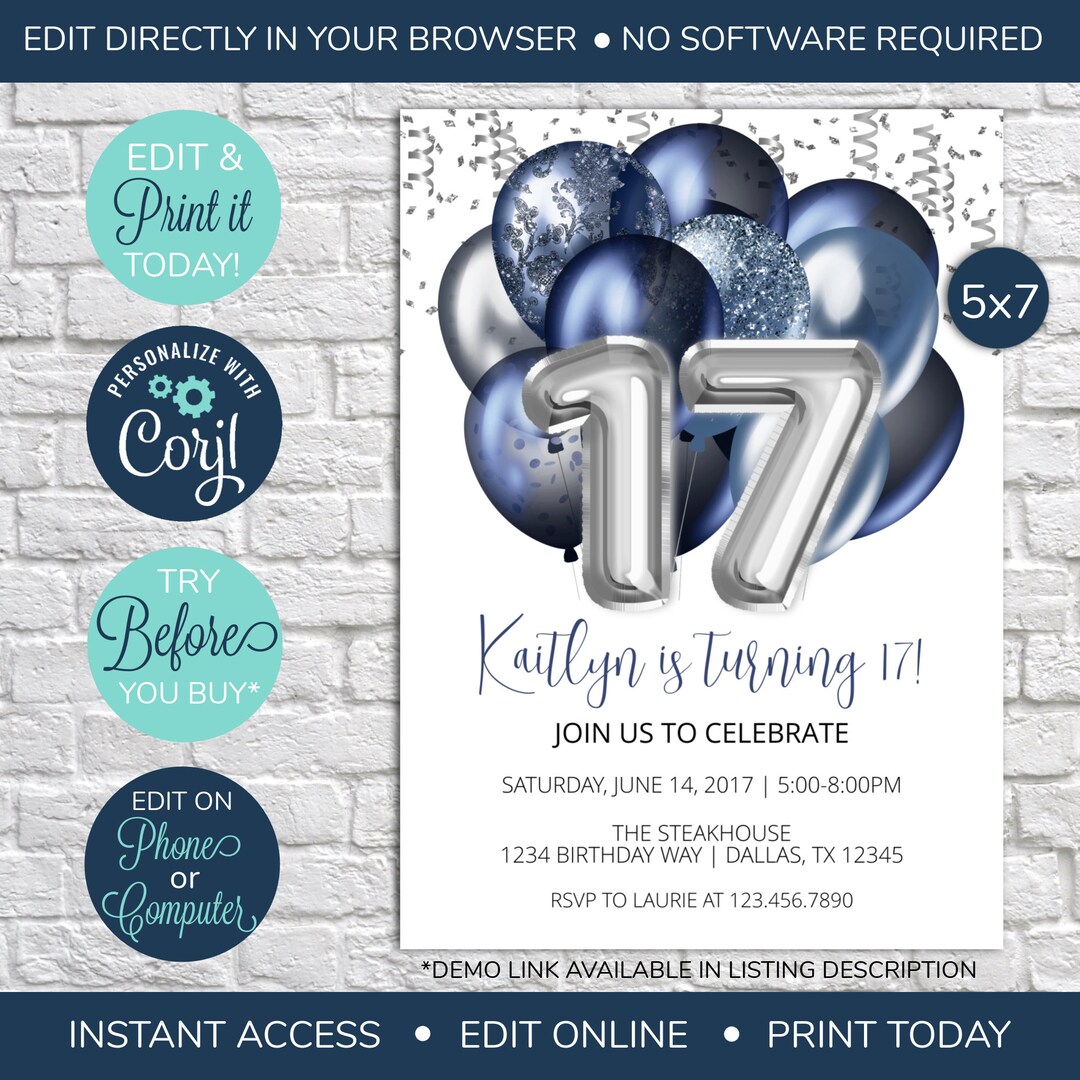 EDITABLE 17th Birthday Invitation, Navy and Silver 17th Invitation ...