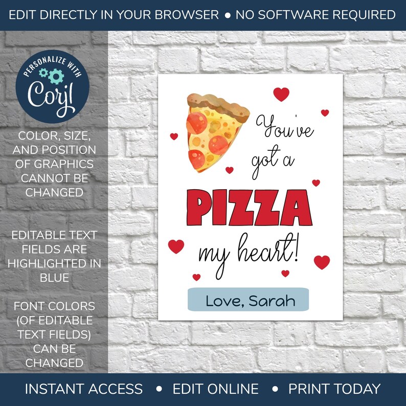 EDITABLE Classroom Valentine's Day Cards, Pizza My Heart, Pizza ...