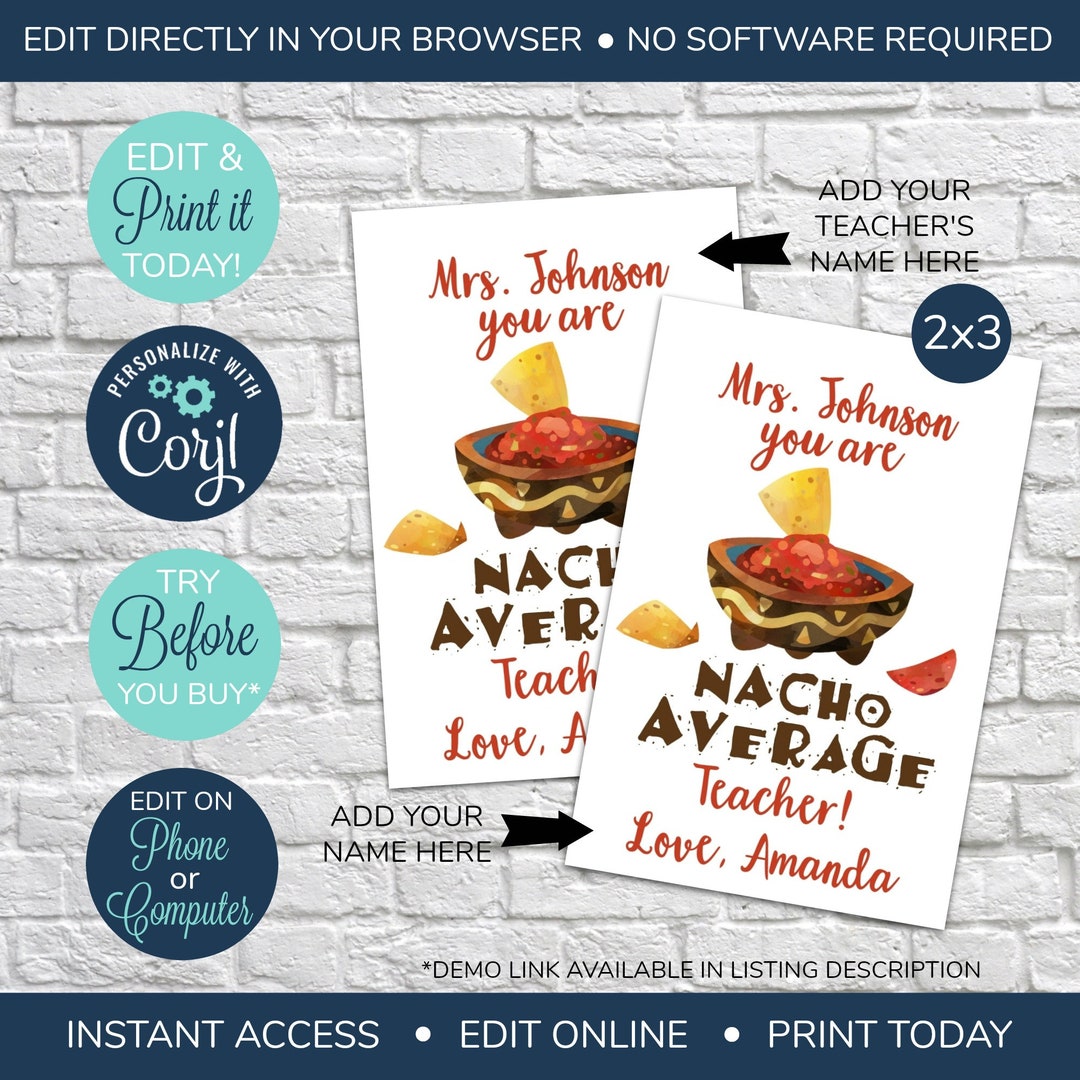 EDITABLE Nacho Average Teacher Tags, Printable Thank You Teacher Gift ...