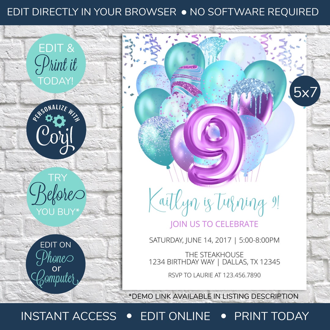 EDITABLE 9th Birthday Invitation, Purple and Aqua 9th Invitation, Nine ...