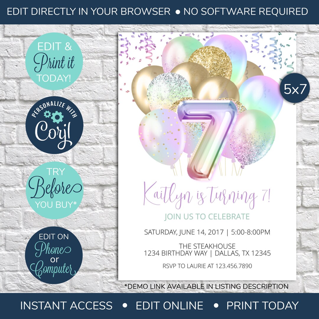EDITABLE 7th Birthday Invitation, Pastel Rainbow 7th Invitation, Seven ...