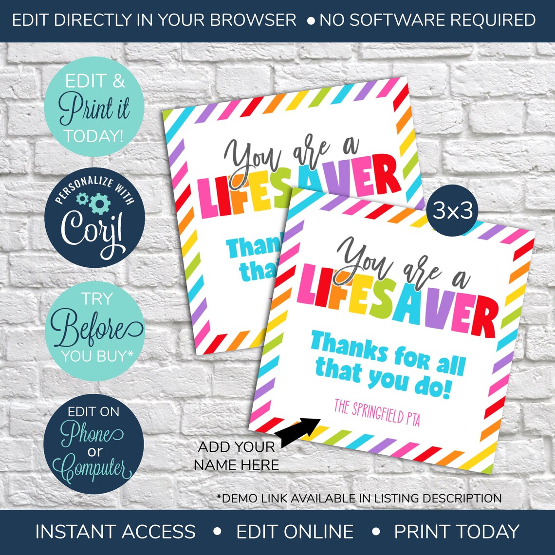 EDITABLE Thank You for Being a Real Lifesaver Gift Tag Thank - Etsy
