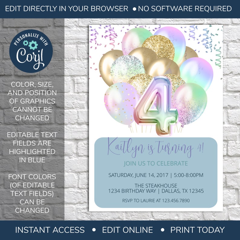 EDITABLE 4th Birthday Invitation, Pastel Rainbow 4th Invitation, Four ...