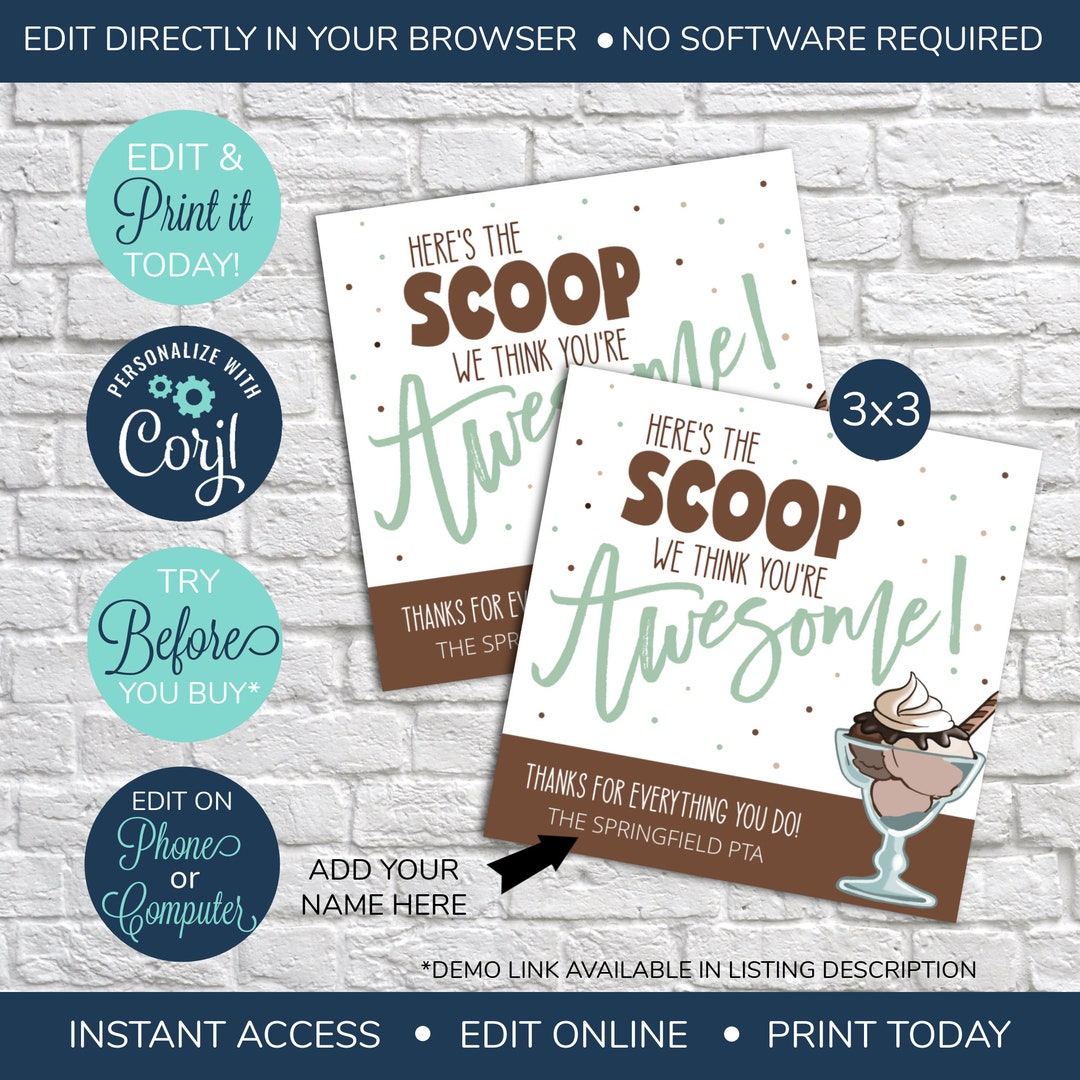 EDITABLE Ice Cream Appreciation Gift Tag, Teacher Staff Employee School ...