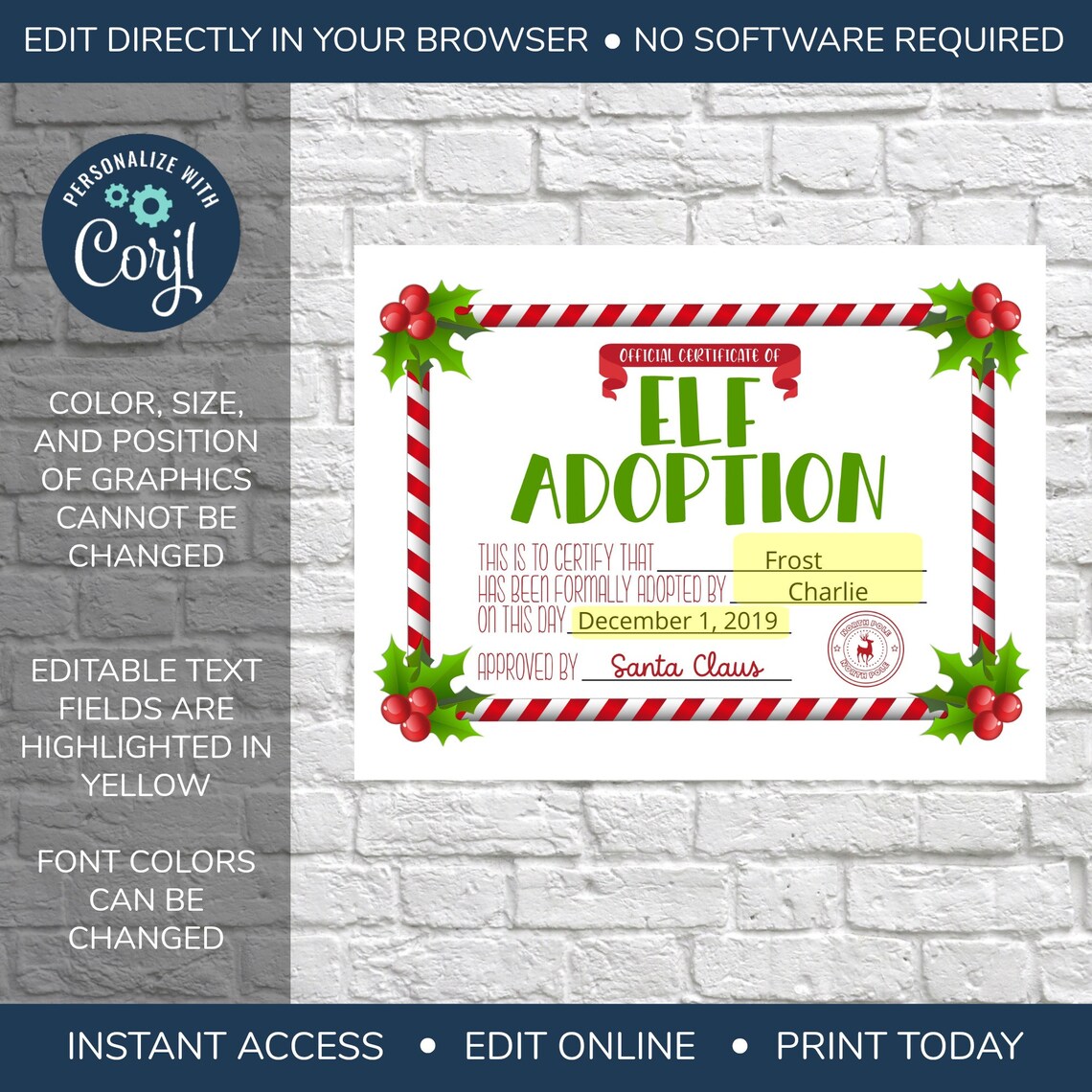 EDITABLE Elf Adoption Certificate Printable Elf Adoption | Etsy