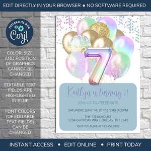 EDITABLE 7th Birthday Invitation, Pastel Rainbow 7th Invitation, Seven ...