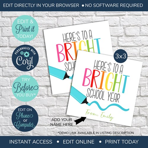 EDITABLE Back to School Teacher Gift Tag Bright School Year - Etsy
