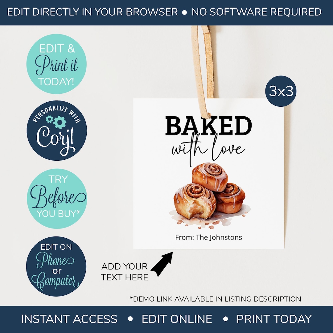 EDITABLE Baked With Love Tag, Printable Food and Baked Goods Tags, From ...