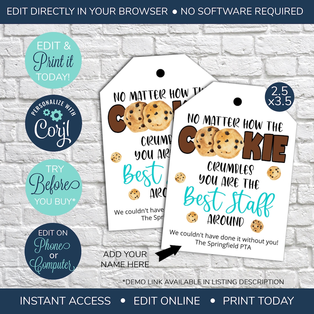 EDITABLE Cookie Appreciation Gift Tag, Teacher Staff Employee School ...