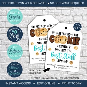 EDITABLE Cookie Appreciation Gift Tag, Teacher Staff Employee School ...