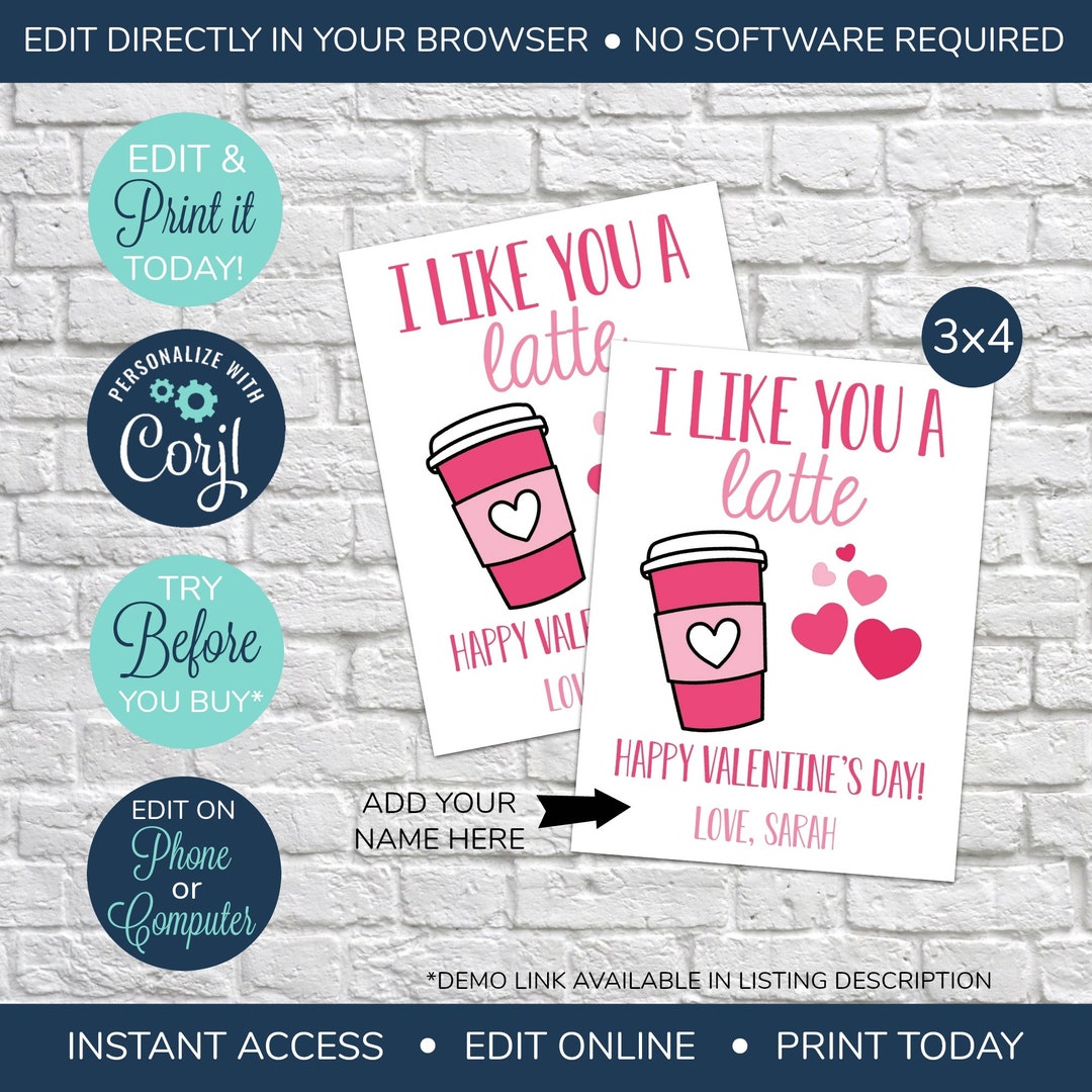 EDITABLE Classroom Valentine's Day Cards, I Like You a Latte, Latte ...