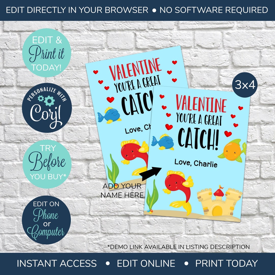 EDITABLE Classroom Valentine's Day Cards, You're a Great Catch, Fish ...