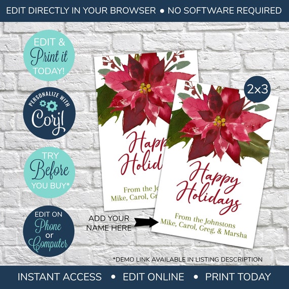 EDITABLE Christmas Gift Tags Christmas Favor Tags Poinsettia | Etsy