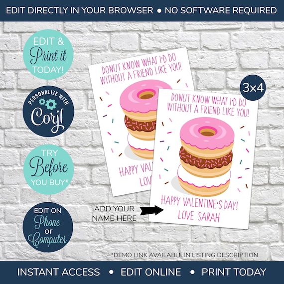 EDITABLE Classroom Valentine's Day Cards Donut Know What | Etsy