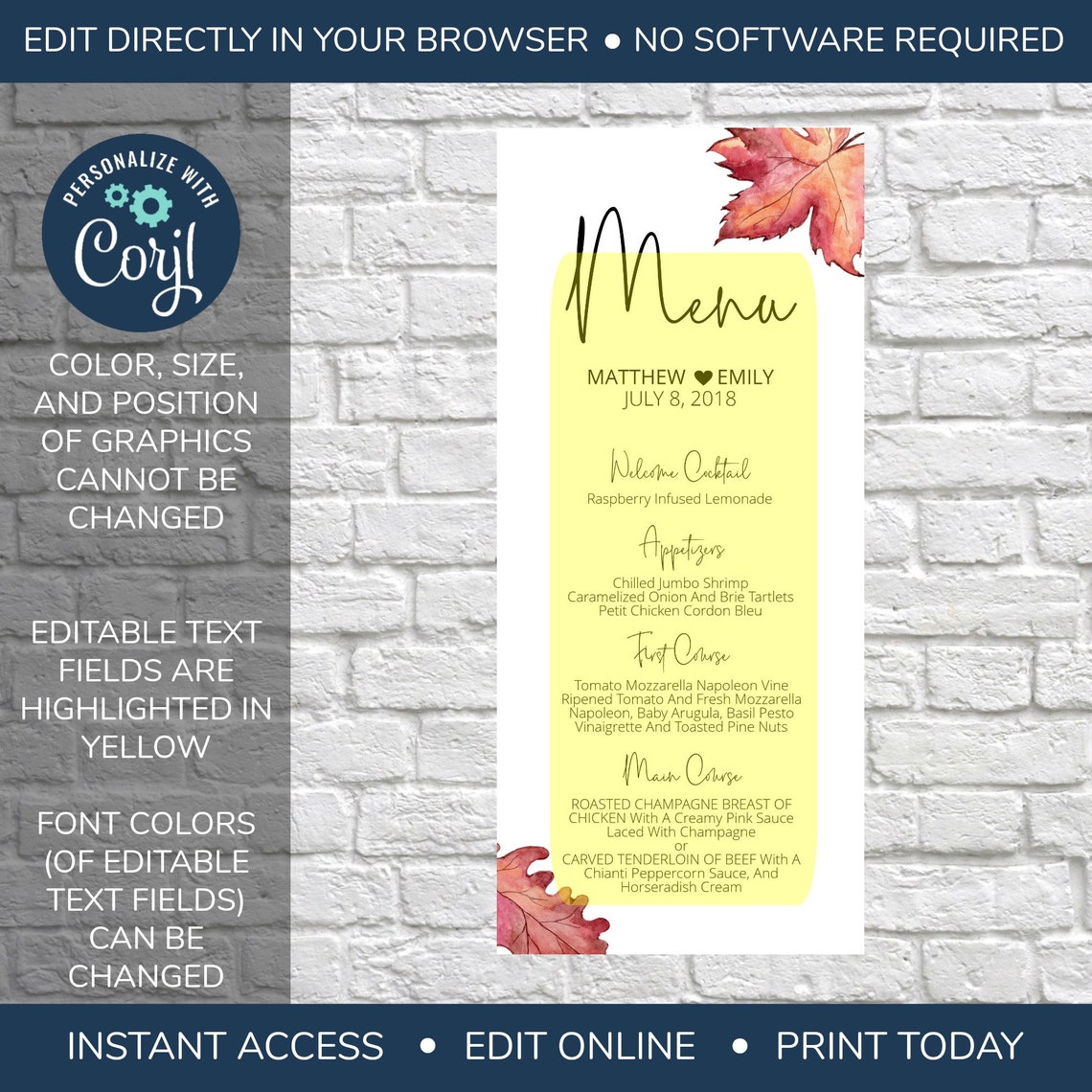 EDITABLE Fall Menu Card Template, Fall Leaves Menu Card, Menu Template ...