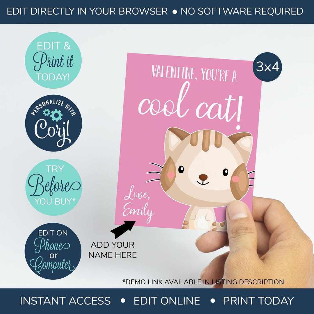 EDITABLE Classroom Valentine's Day Cards, Cute Cat Valentine, Cat ...