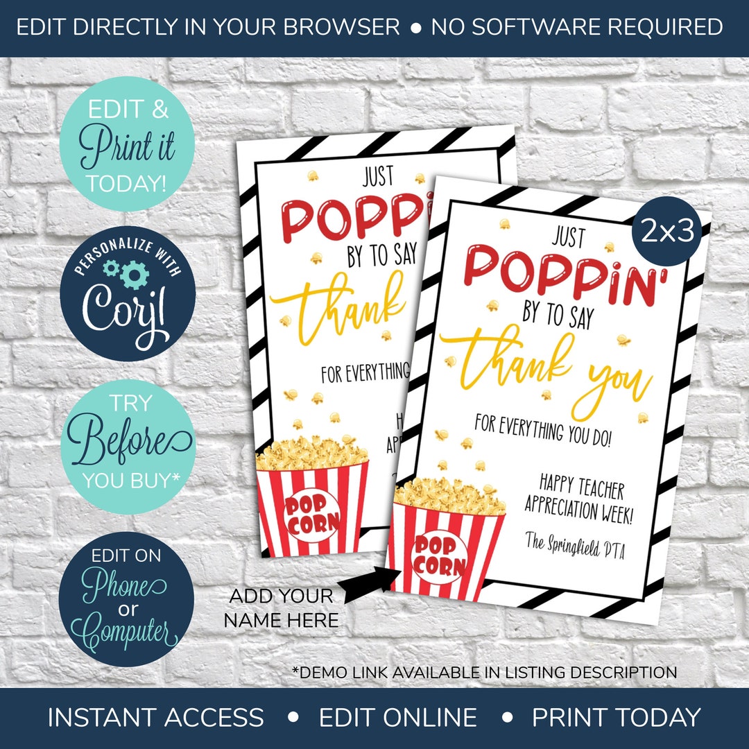 EDITABLE Popcorn Appreciation Gift Tag, Teacher Staff Employee School ...
