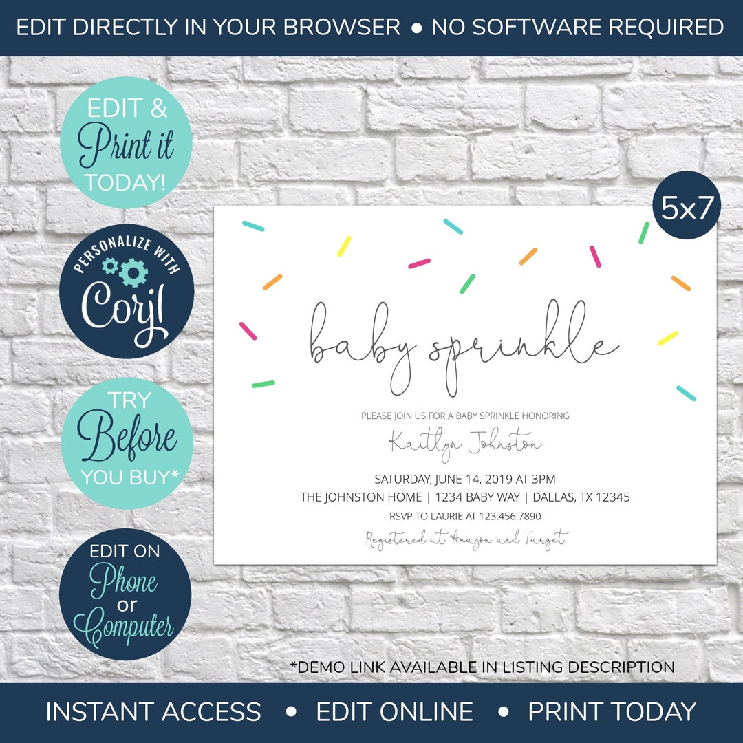 EDITABLE Baby Sprinkle Invitation, Rainbow Baby Sprinkle Invite, Baby ...