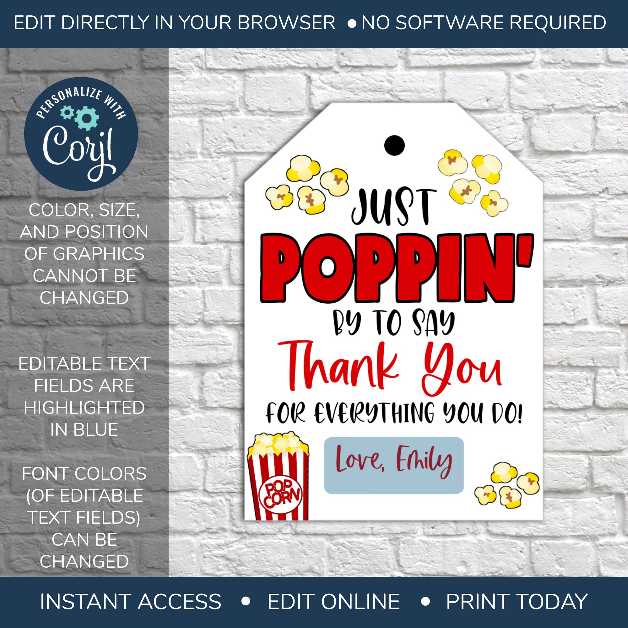 EDITABLE Popcorn Appreciation Gift Tag Teacher Staff Employee - Etsy