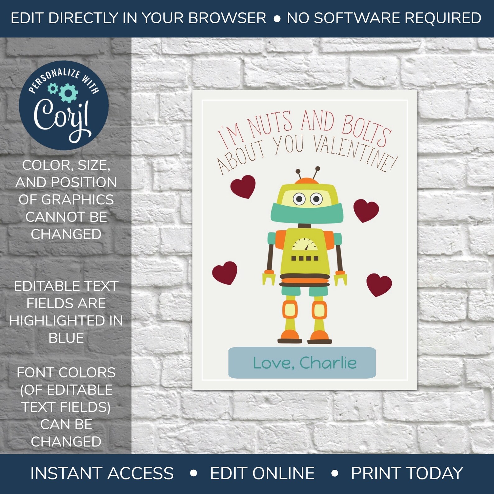 EDITABLE Classroom Valentine's Day Cards Nuts and Bolts | Etsy