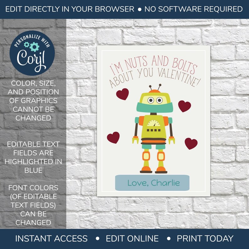 EDITABLE Classroom Valentine's Day Cards, Nuts and Bolts, Robot ...