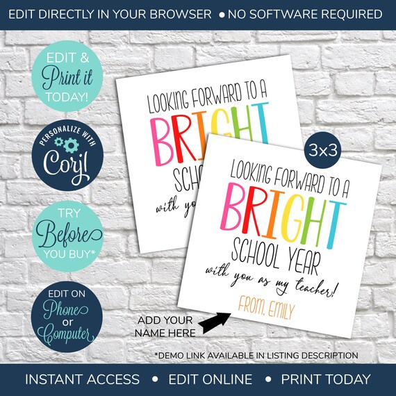 EDITABLE Back to School My Teacher Gift Tag Bright School | Etsy