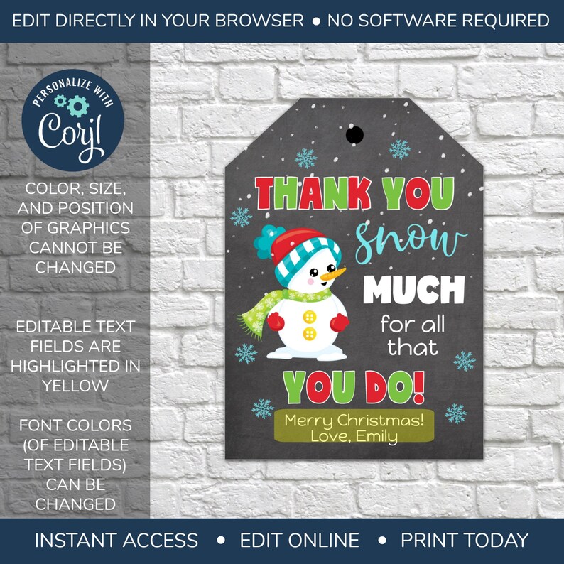 EDITABLE Christmas Gift Tags Thank You Snow Much for All You - Etsy