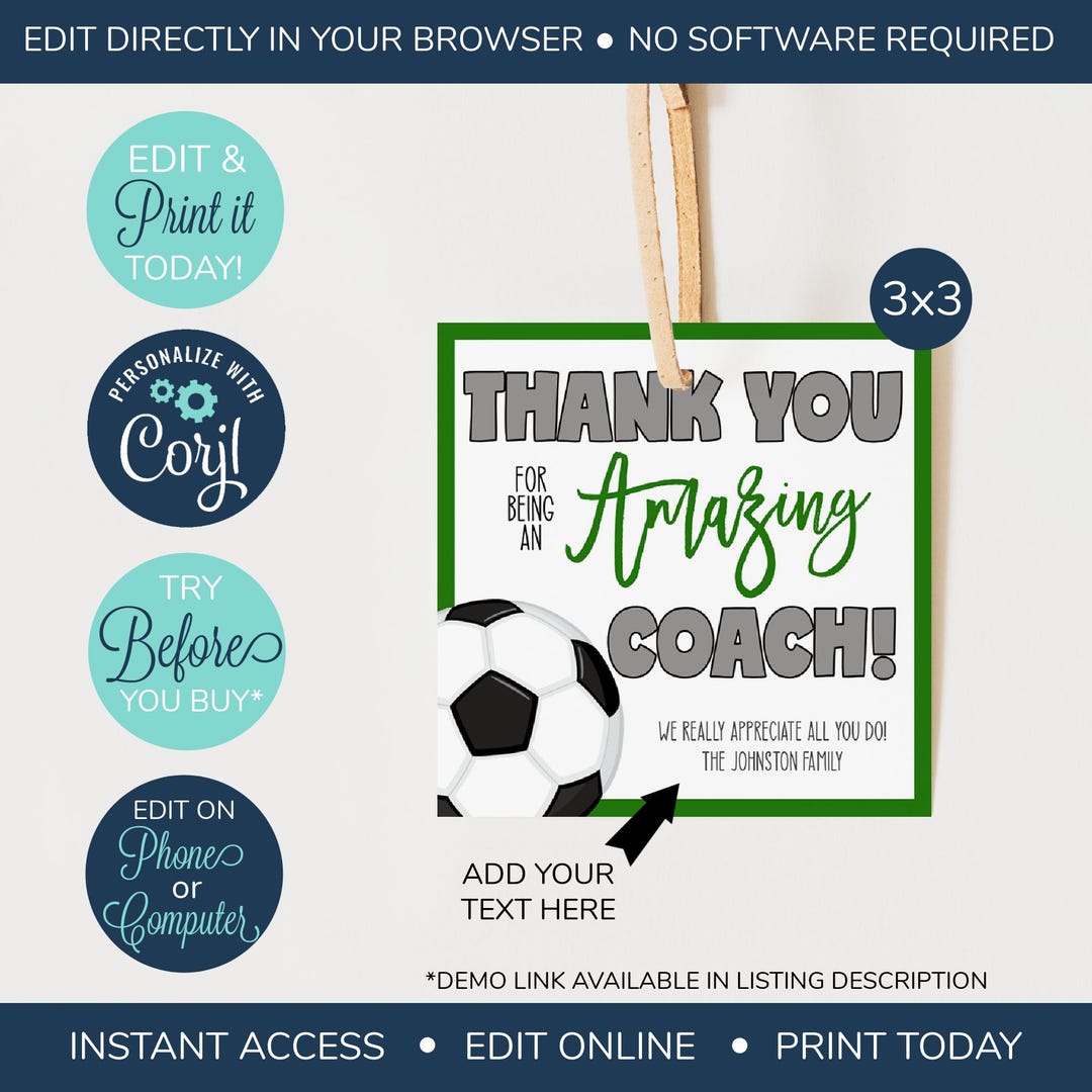 EDITABLE Soccer Coach Appreciation Gift Tag, Coach Gift Tag, Soccer ...