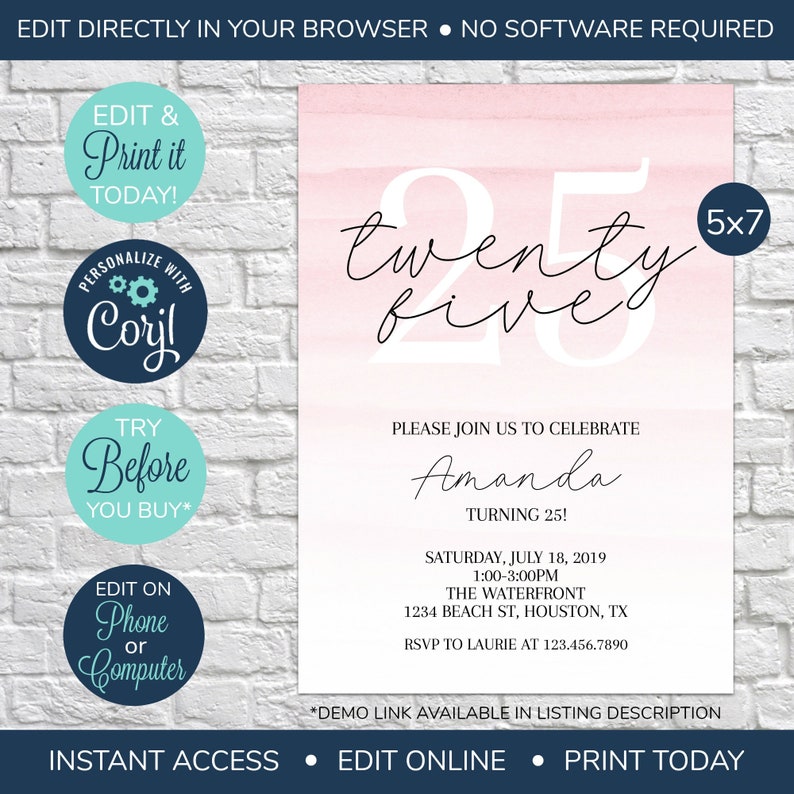 EDITABLE 25th Birthday Invitation, Twenty Five Invitation, Surprise Birthday Party, 25th ...