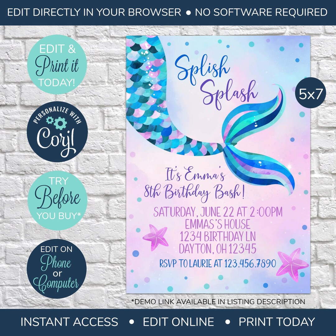 EDITABLE Mermaid Birthday Invites, Birthday Party Invitation, Mermaid ...