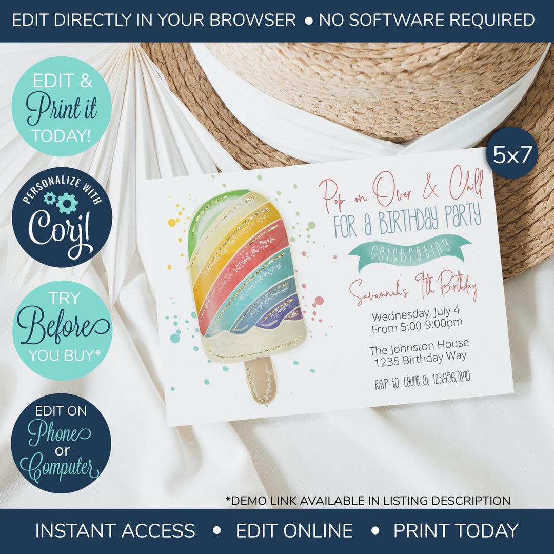 EDITABLE Popsicle Birthday Invites, Birthday Party Invitation, Pop on ...