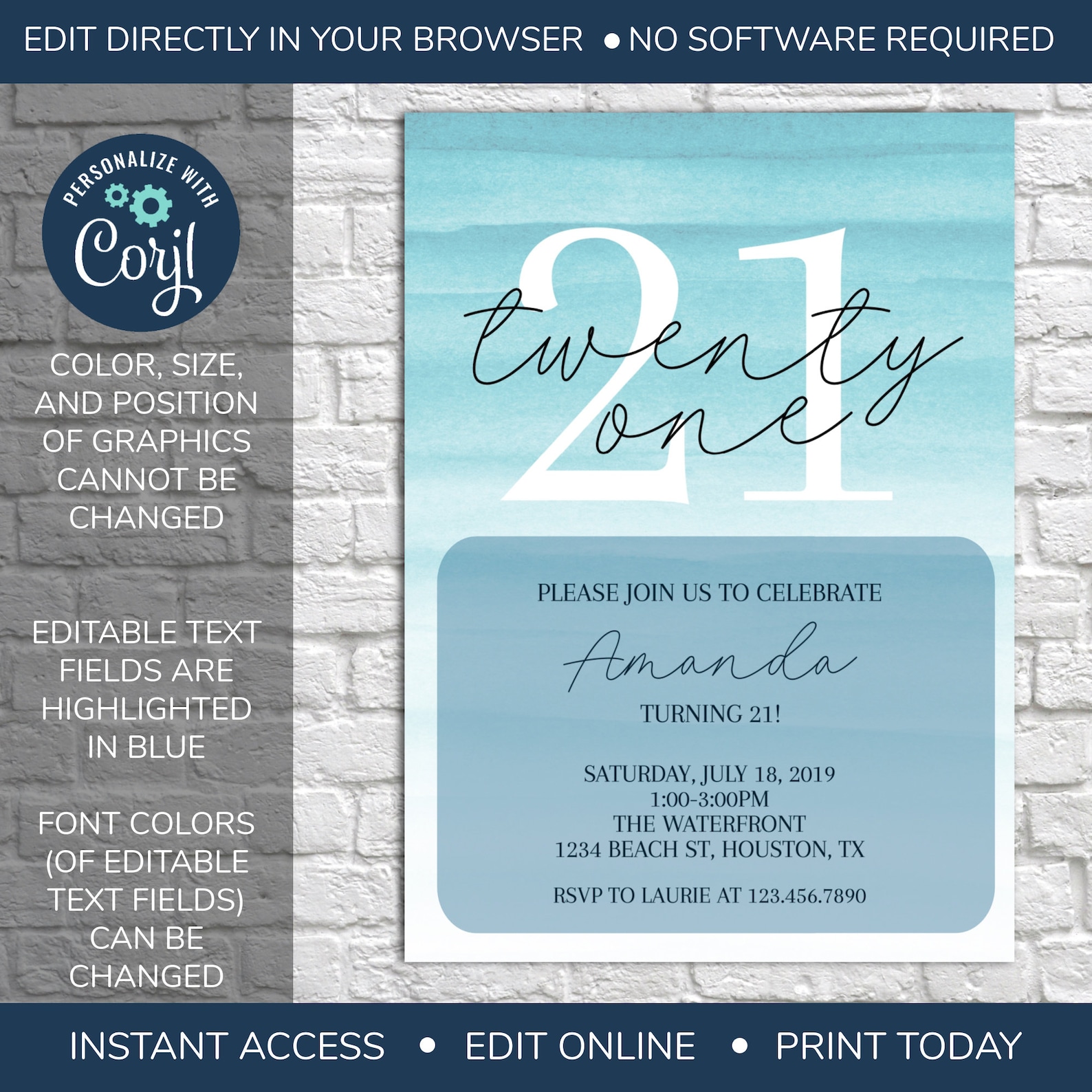 EDITABLE 21st Birthday Invitation, Twenty One Invitation, Surprise ...