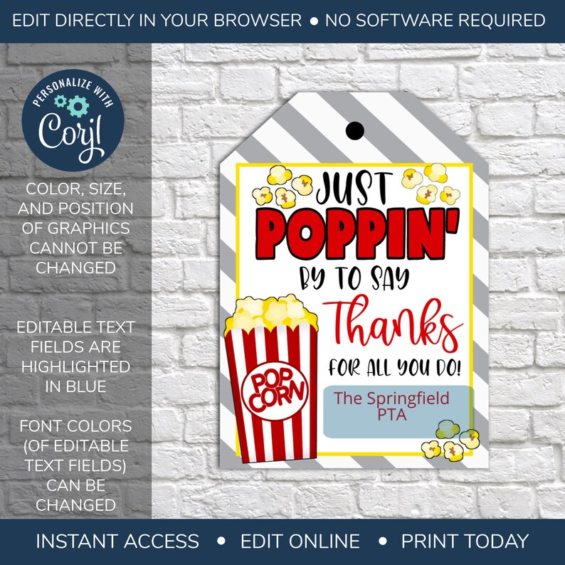 EDITABLE Popcorn Appreciation Gift Tag, Teacher Staff Employee School ...