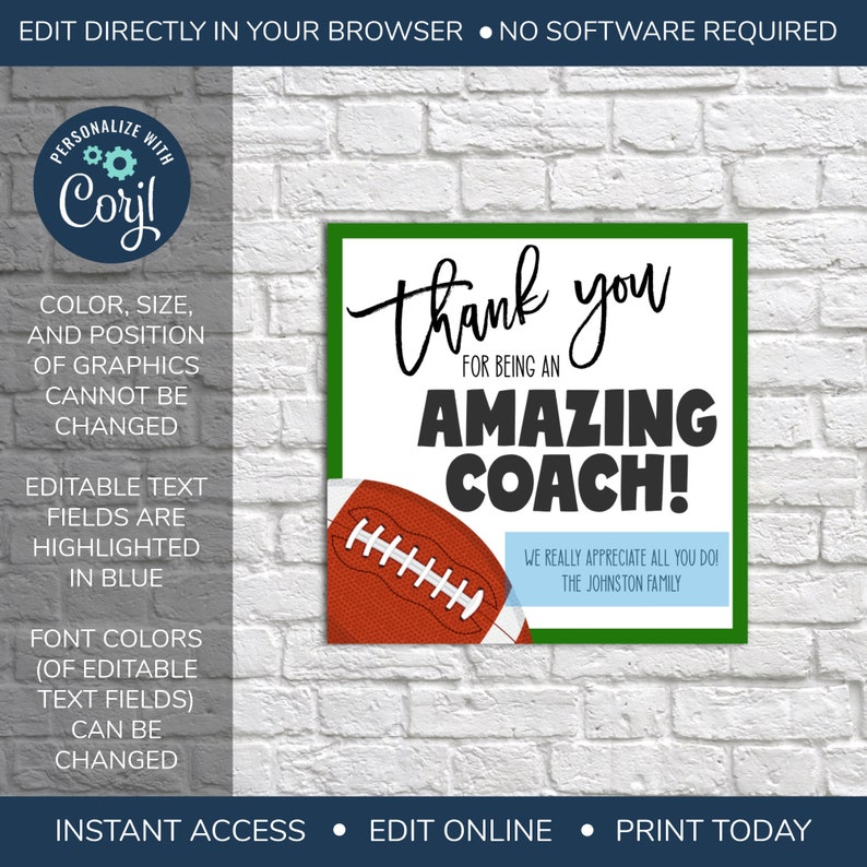 EDITABLE Football Coach Appreciation Gift Tag, Coach Gift Tag, Football ...