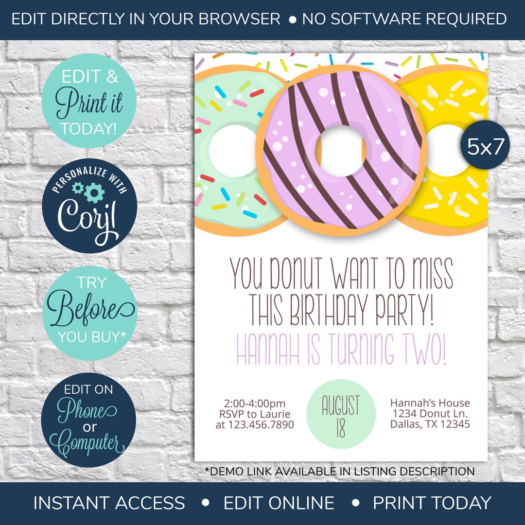 EDITABLE Donuts Birthday Party Invitation, Donut Party Invite, Doughnut ...
