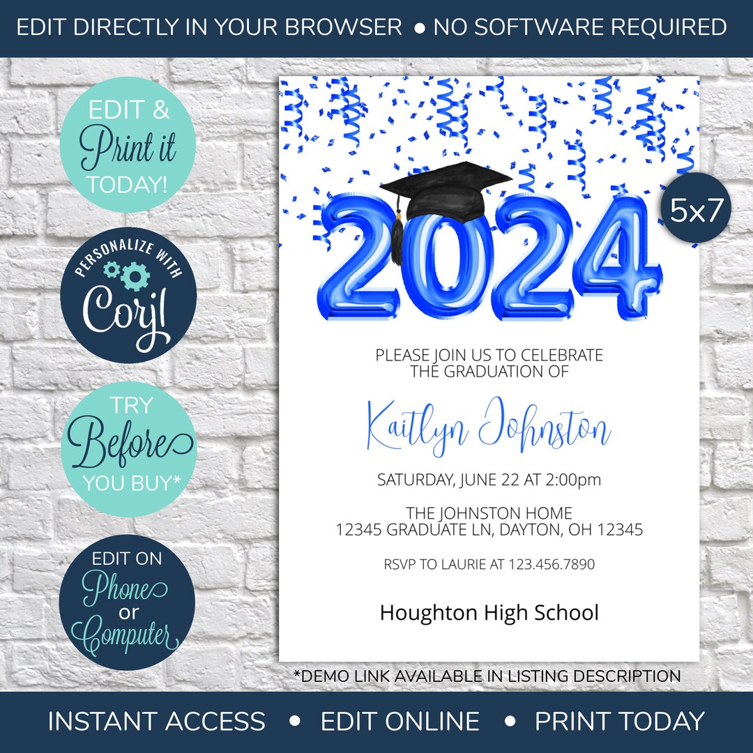 EDITABLE Blue Class of 2024, Graduation Open House Invitation ...