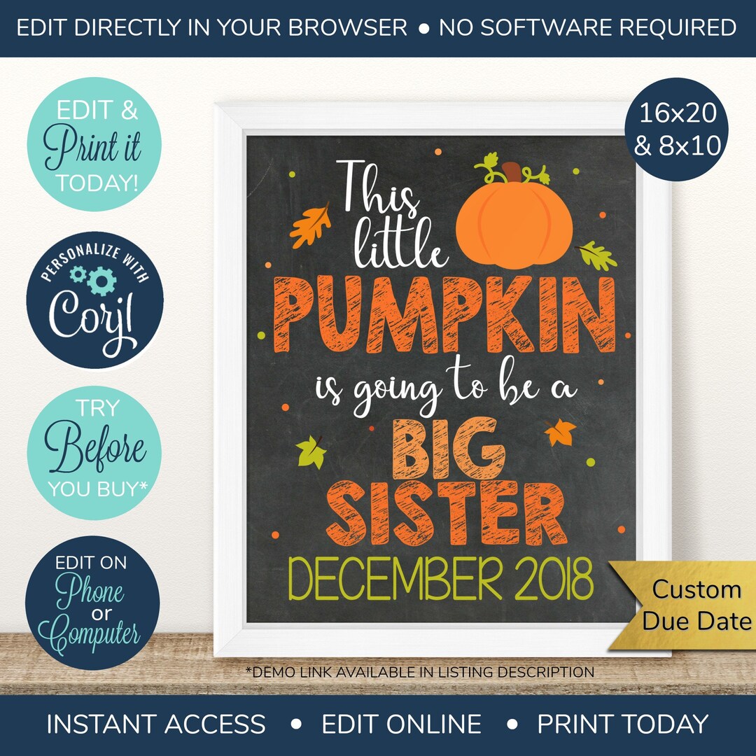 EDITABLE Big Sister Pregnancy Announcement, This Little Pumpkin, Fall ...